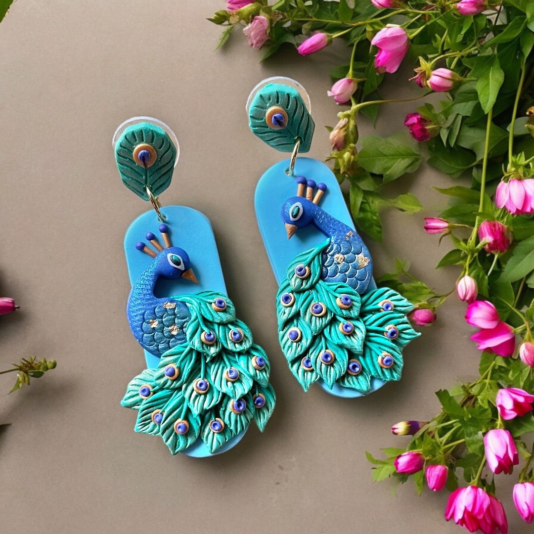 Peacock Polymer Clay Earrings - Vibrant and Elegant Bird Jewelry ...