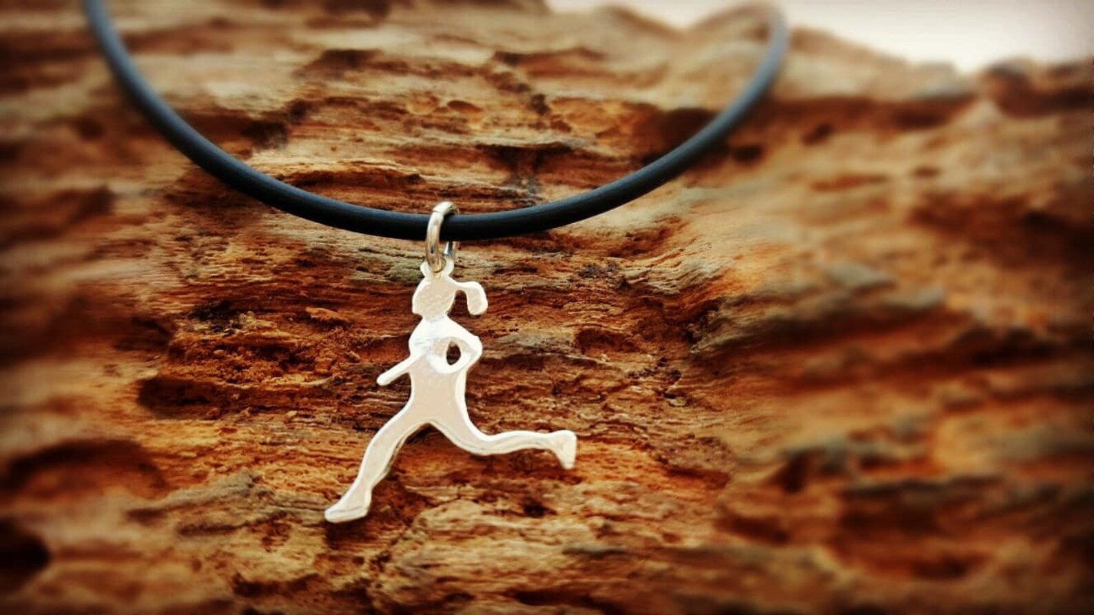 Handmade Pendant 14k White Gold Running Woman Charm & Black Silicone ...