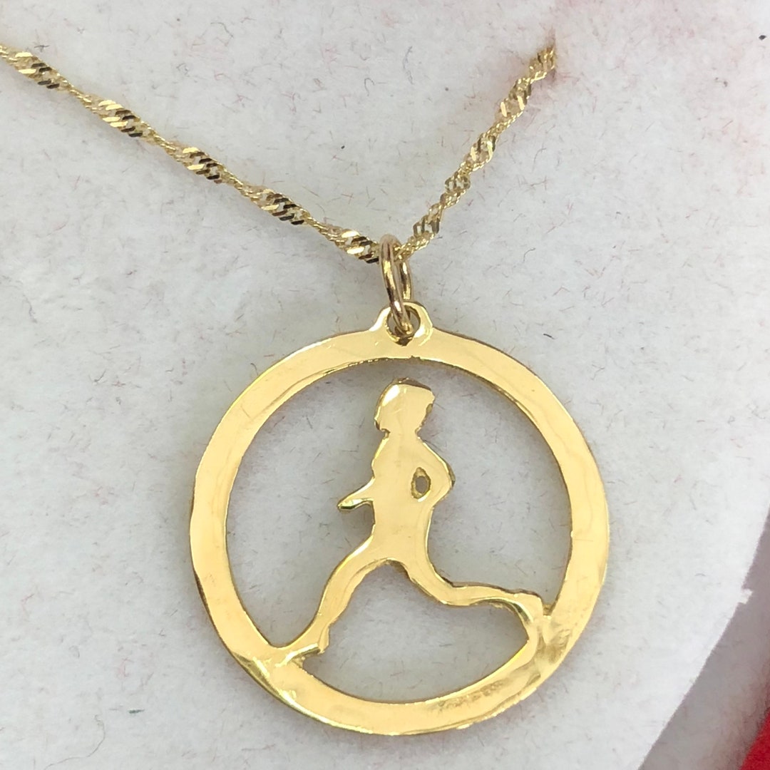 14 KARAT Gold Round Pendant & Necklace, Athletic Runner Handmade ...