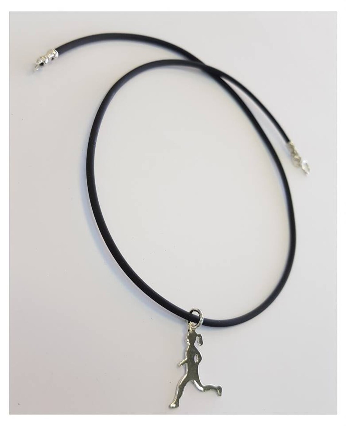 Handmade Pendant 14k White Gold Running Woman Charm & Black Silicone ...