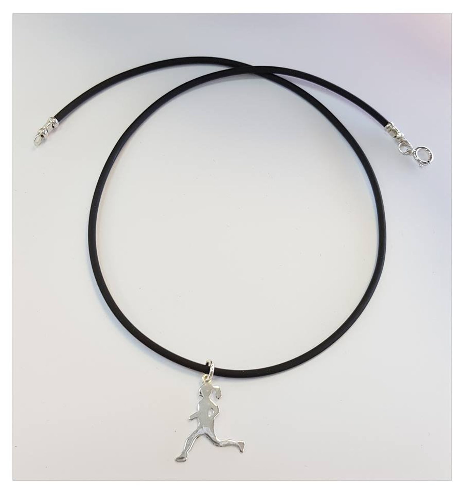 Handmade Pendant 14k White Gold Running Woman Charm & Black Silicone ...