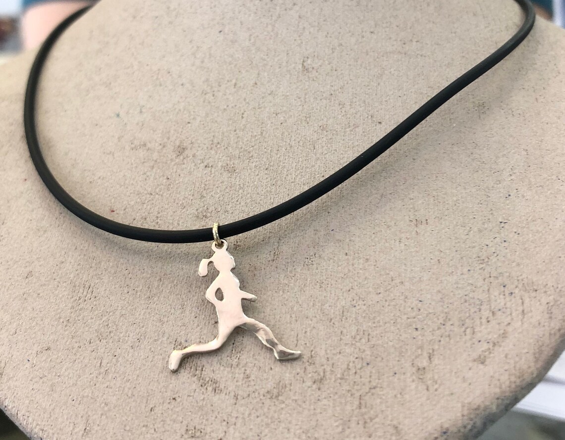Handmade Pendant 14k White Gold Running Woman Charm & Black Silicone ...