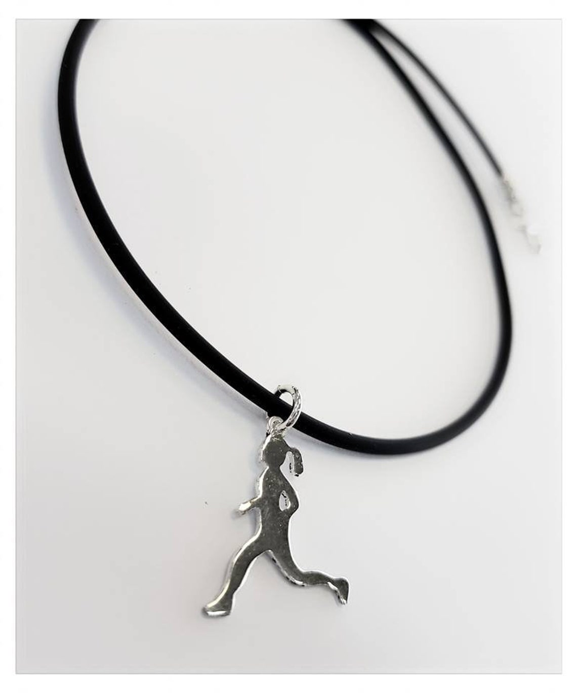 Handmade Pendant 14k White Gold Running Woman Charm & Black Silicone ...