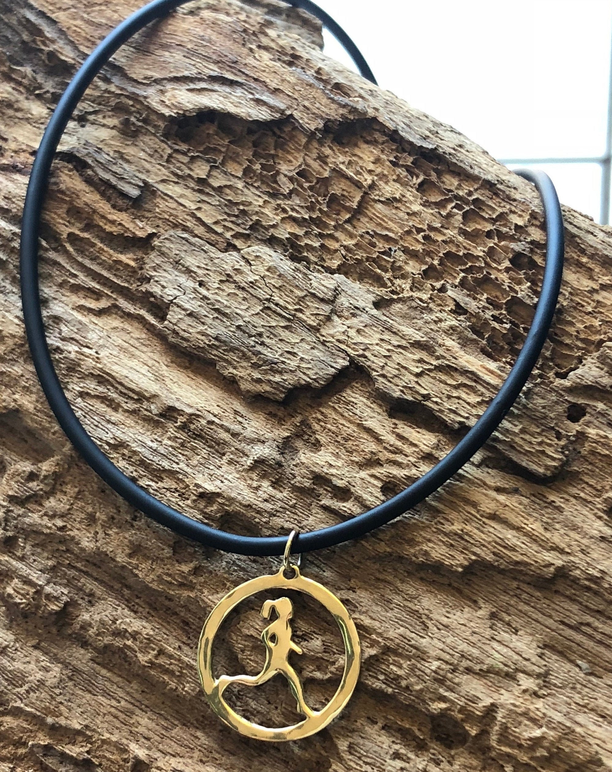 14 Karat Gold ROUND Pendant, Woman Runner Black Silicone Sports ...