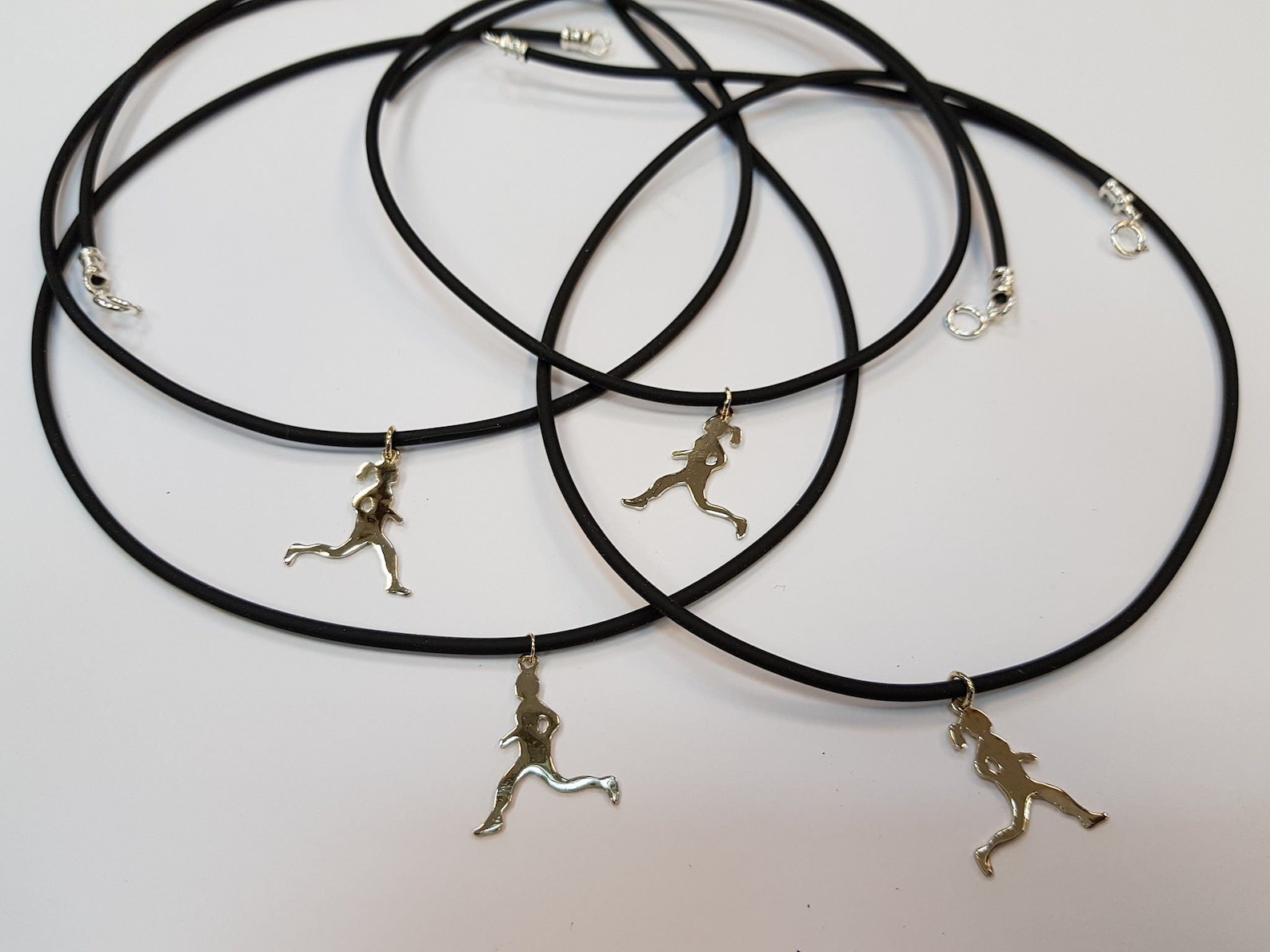 Handmade Pendant 14k White Gold Running Woman Charm & Black Silicone ...