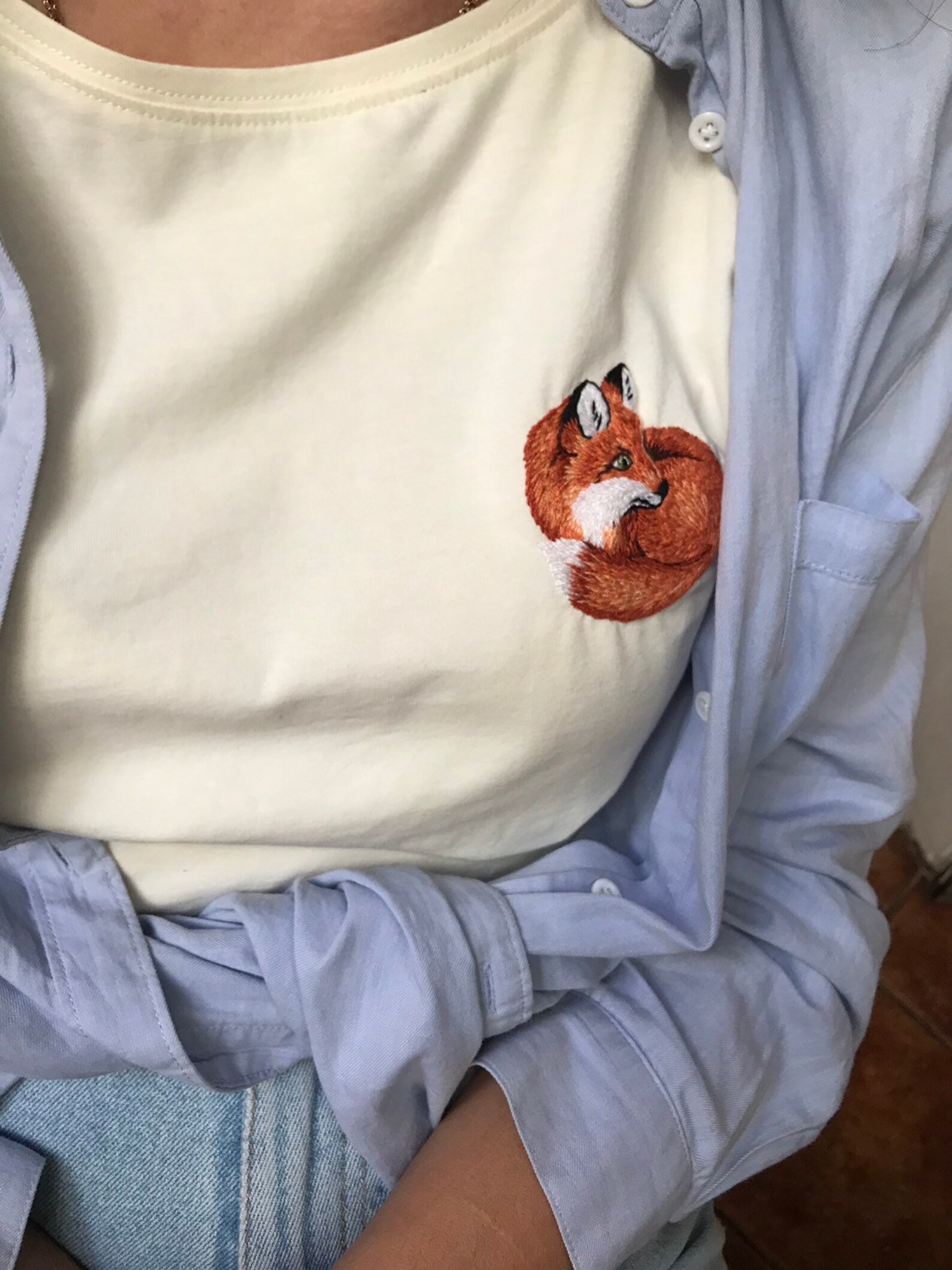 Fox Hand Embroidery T-shirt, Mother's Day Gift, Animal Embroidery, Fox ...