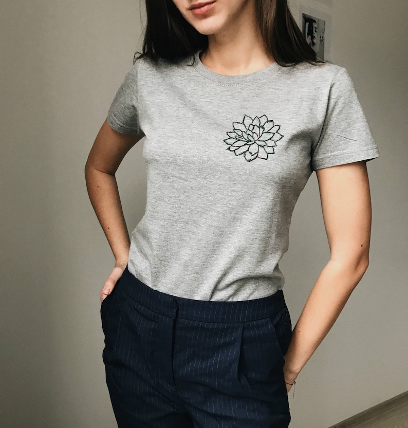 Succulent Flower Hand Embroidered T Shirt Botanical Etsy