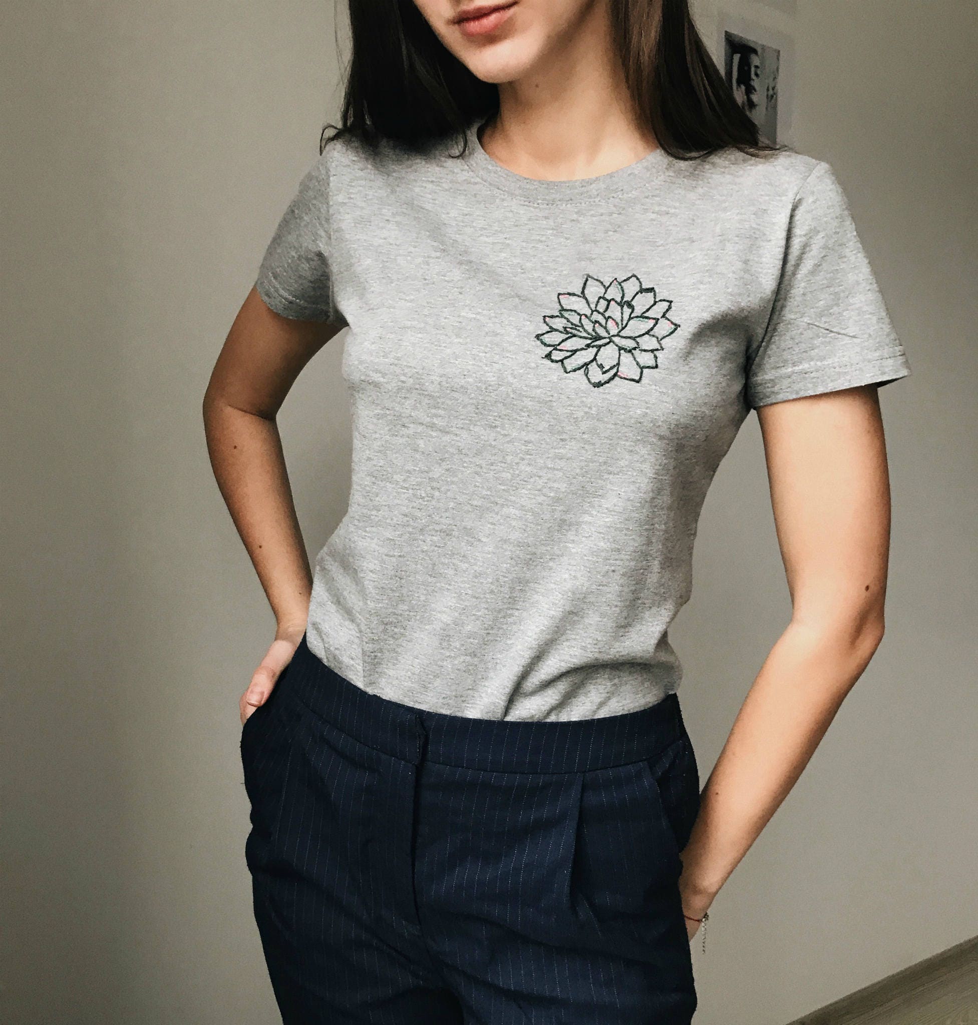 Succulent Flower Hand Embroidered T Shirt Botanical - Etsy UK