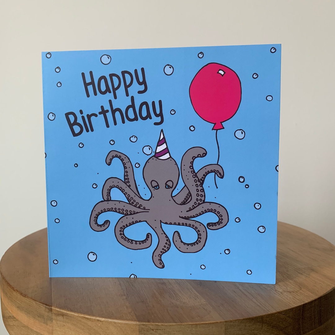 Party Octopus Birthday Card, Octopus Greeting Card, Happy Birthday Card ...