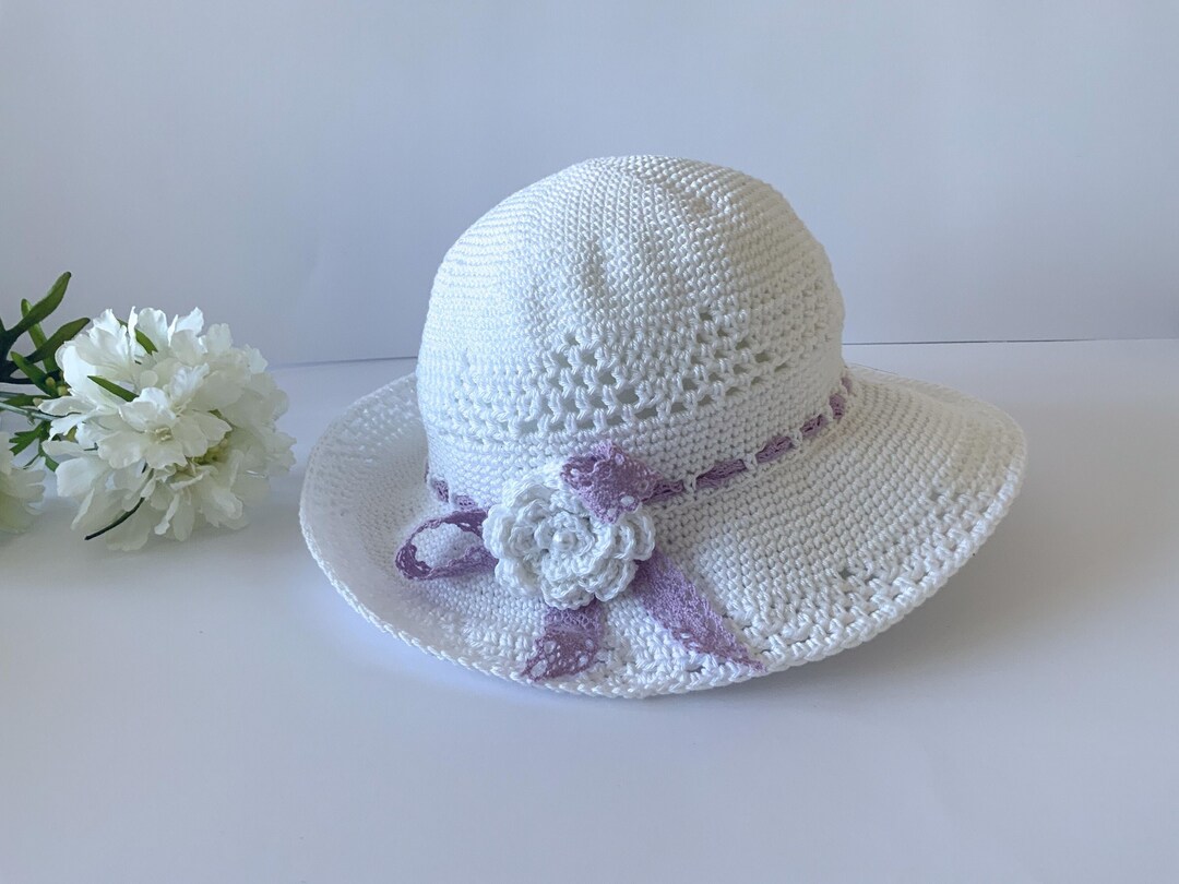 White Cotton Hat, Crochet Soft Hat, White Hat Purple Ribbon, White Hat ...