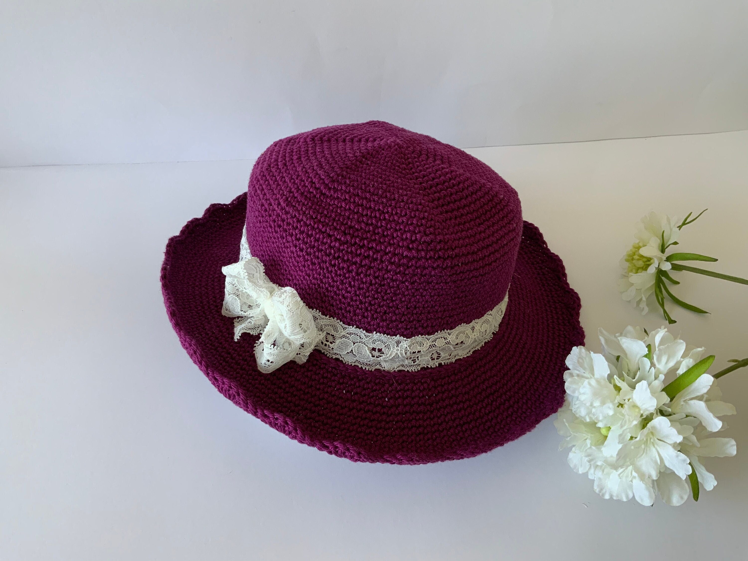 Purple Sun Hat White Lace, Handmade Crochet Hat, Comfortable Cotton ...