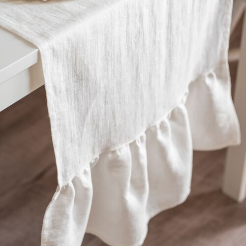 White Linen Table Runner With Ruffle. Ruffled Linen Table - Etsy