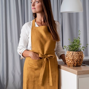 Mustard Yellow Linen Apron. Classic Kitchen Apron With Two Front ...