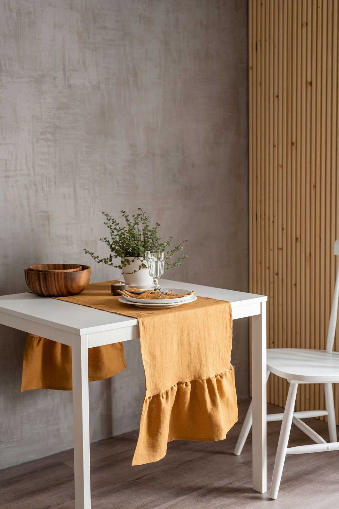 Mustard Yellow Linen Table Runner With Ruffle. Ruffled Linen Table ...