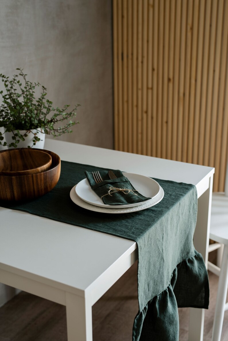 Forest Green Linen Table Runner With Ruffle. Ruffled Linen | Etsy