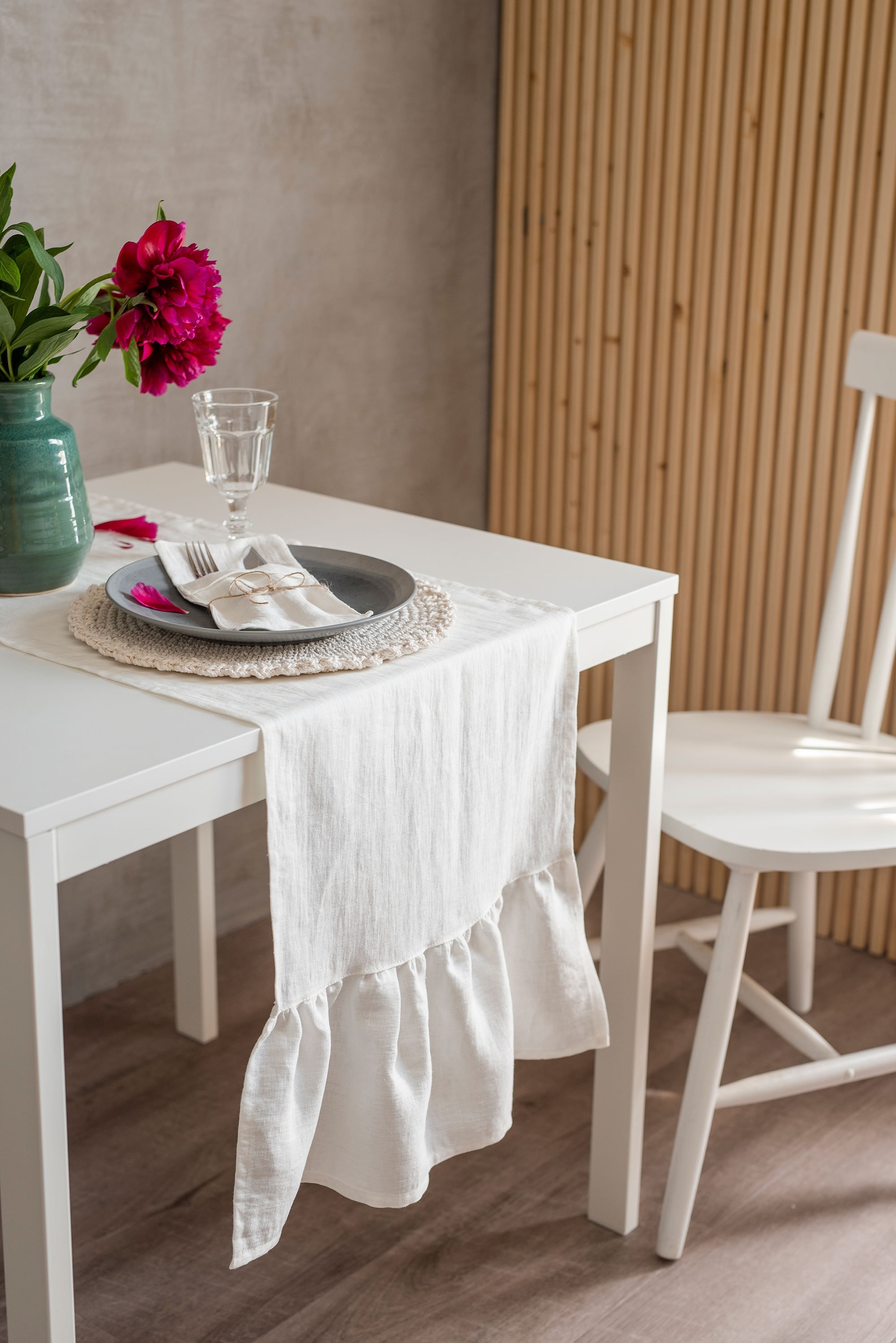 White Linen Table Runner With Ruffle. Ruffled Linen Table | Etsy