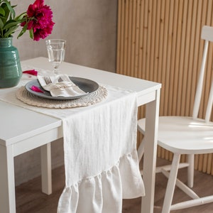 White Linen Table Runner With Ruffle. Ruffled Linen Table Runner ...