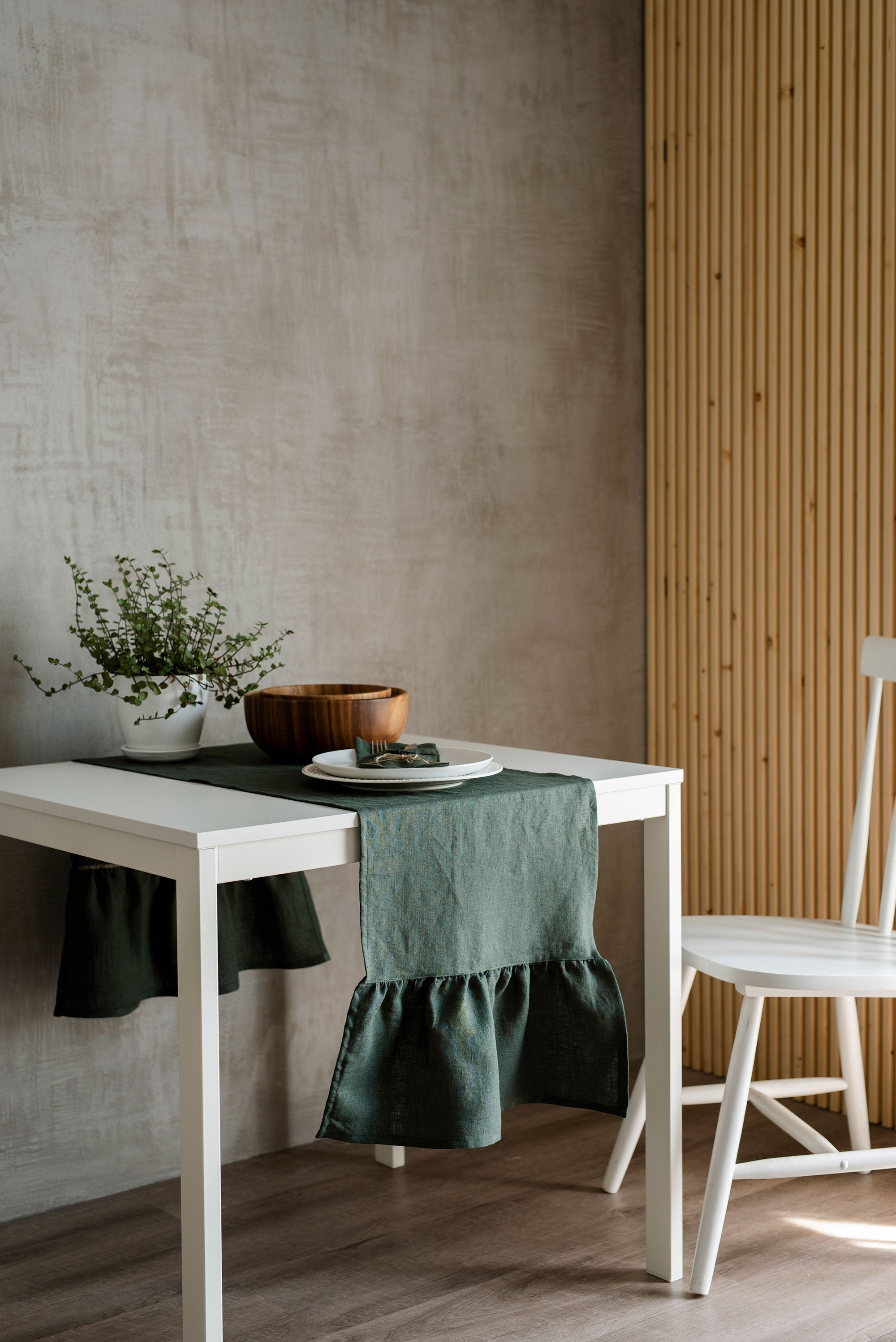 Forest green linen table runner with ruffle. Ruffled linen | Etsy