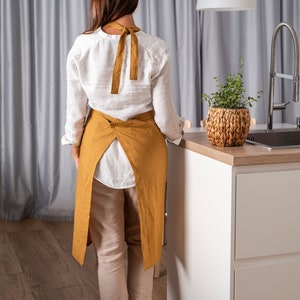 Mustard Yellow Linen Apron. Classic Kitchen Apron With Two Front ...