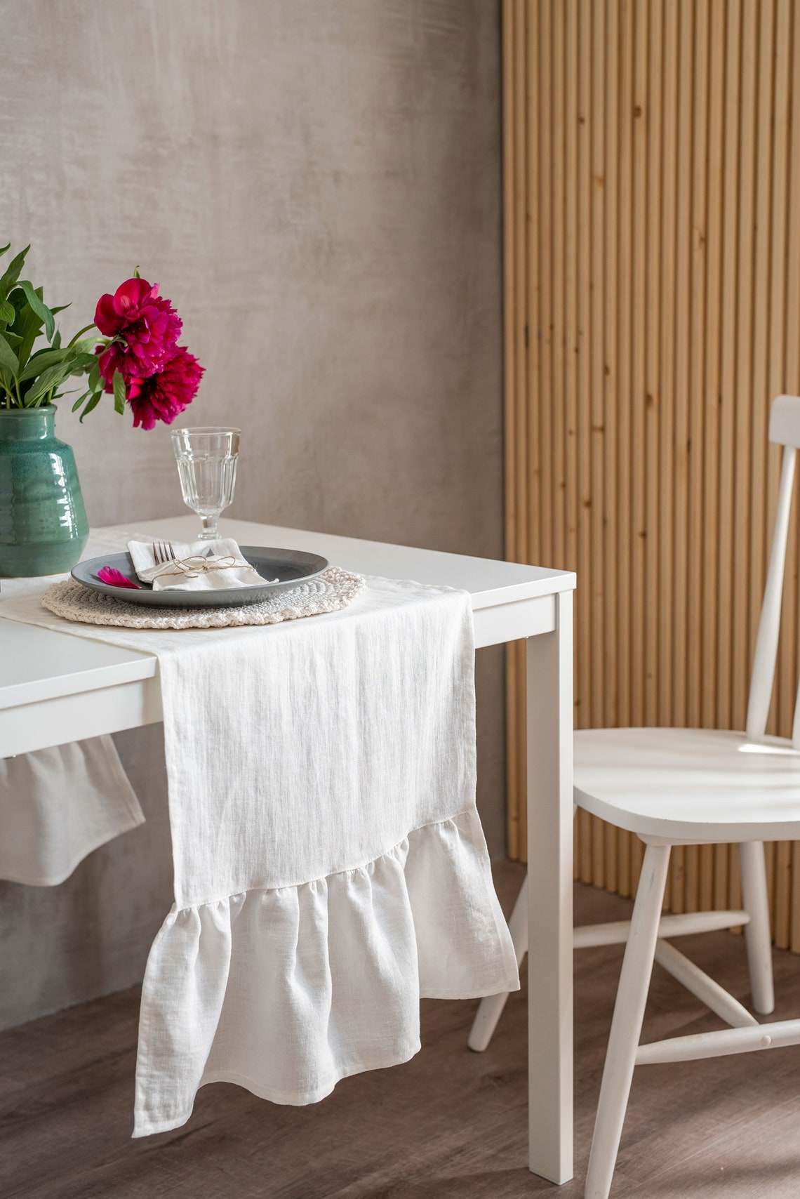 White Linen Table Runner With Ruffle. Ruffled Linen Table | Etsy