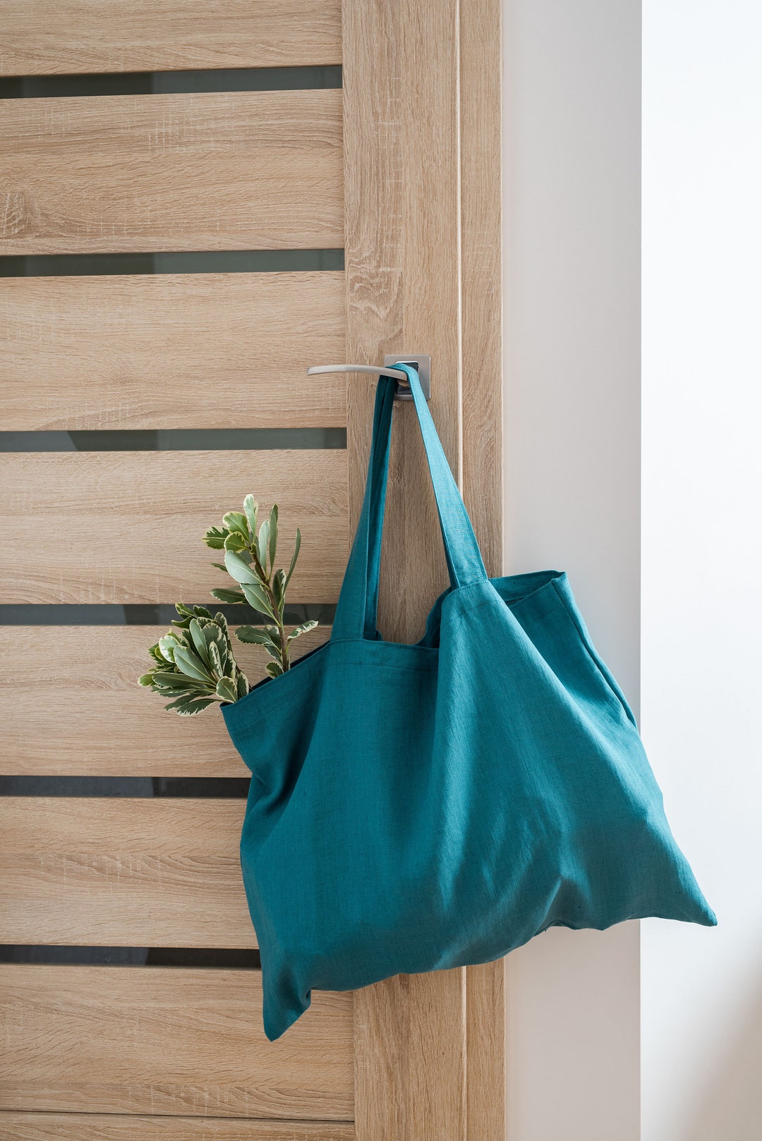 Large and Wide Teal Blue Linen Shopping Bag. Linen Shoulder Bag. Market ...