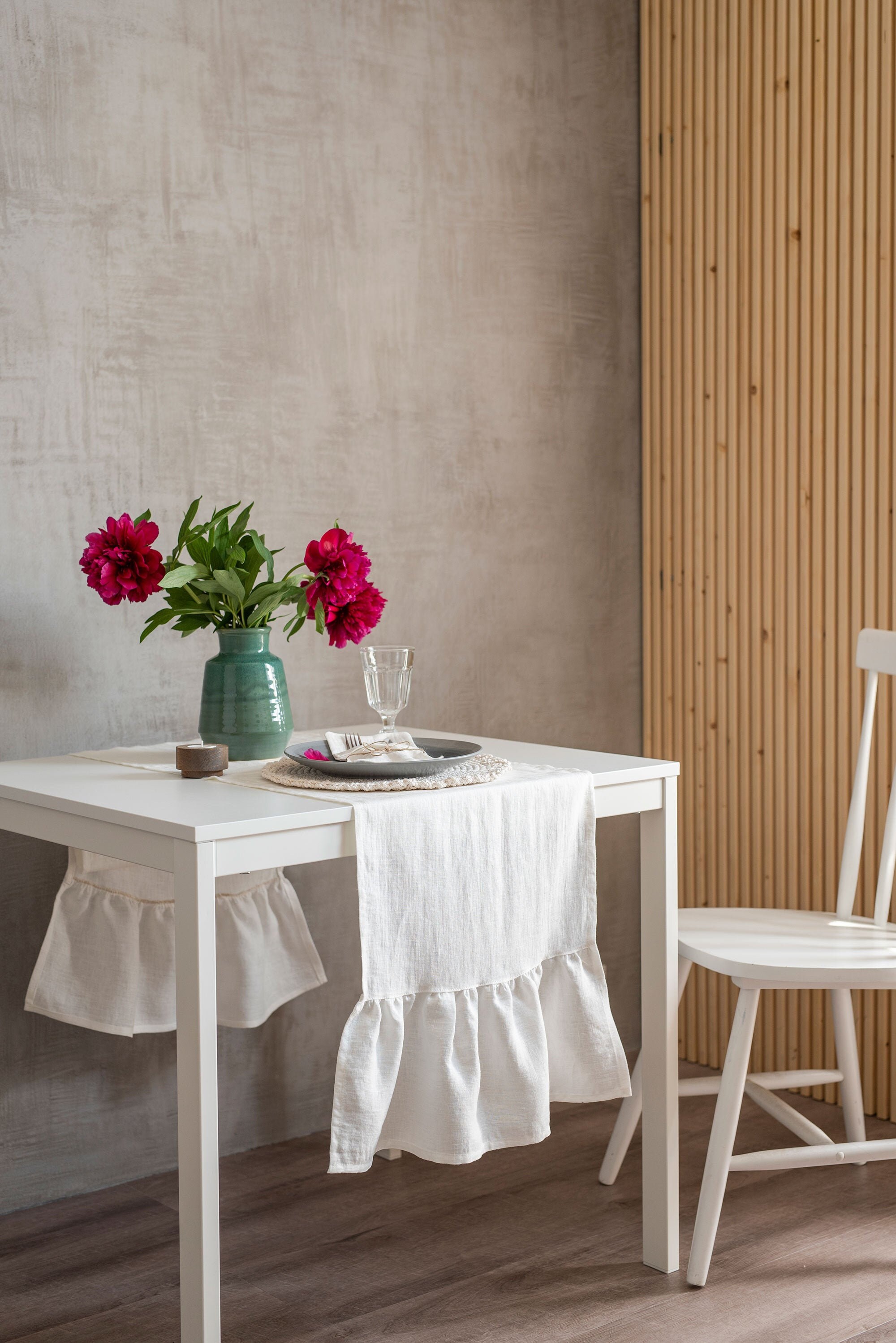 White Linen Table Runner With Ruffle. Ruffled Linen Table | Etsy