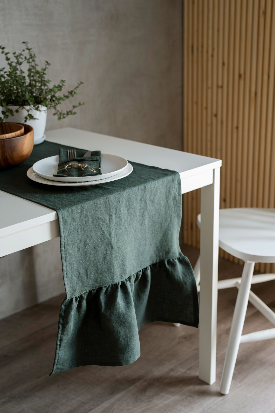 Forest Green Linen Table Runner With Ruffle. Ruffled Linen | Etsy