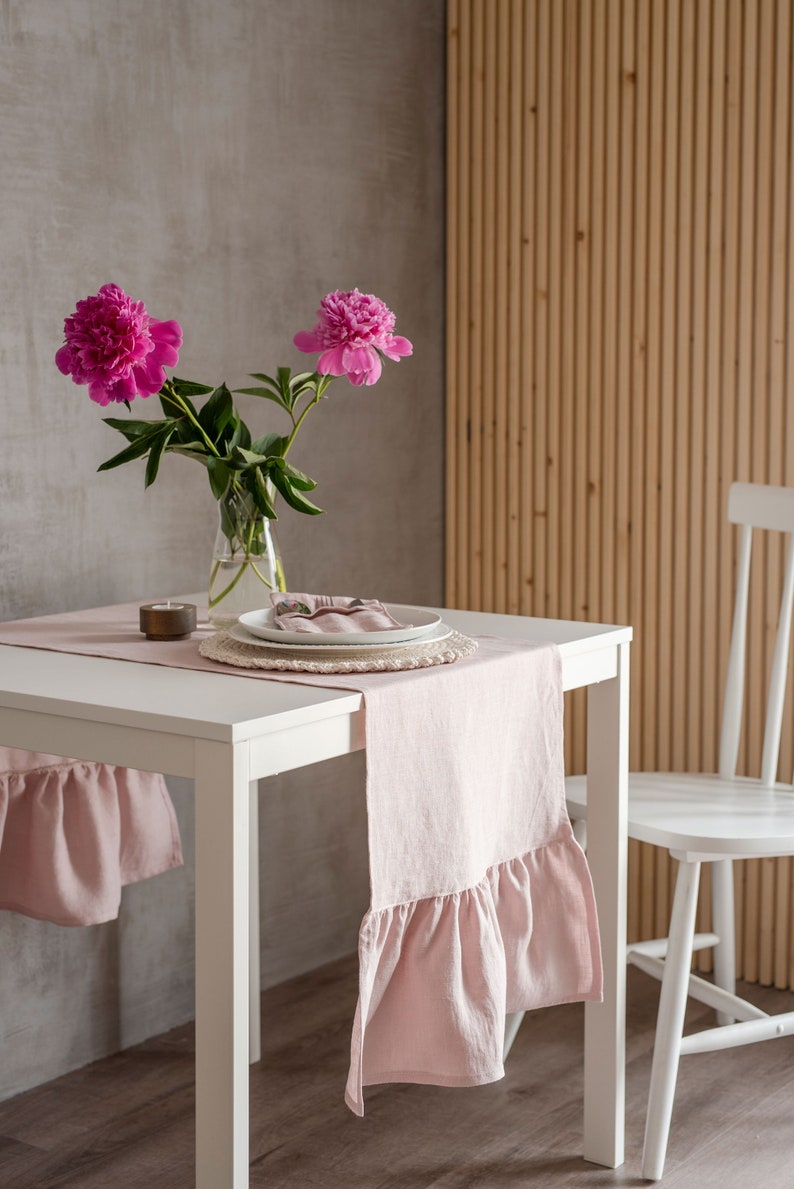 Blush Pink Linen Table Runner With Ruffle. Ruffled Linen Table - Etsy