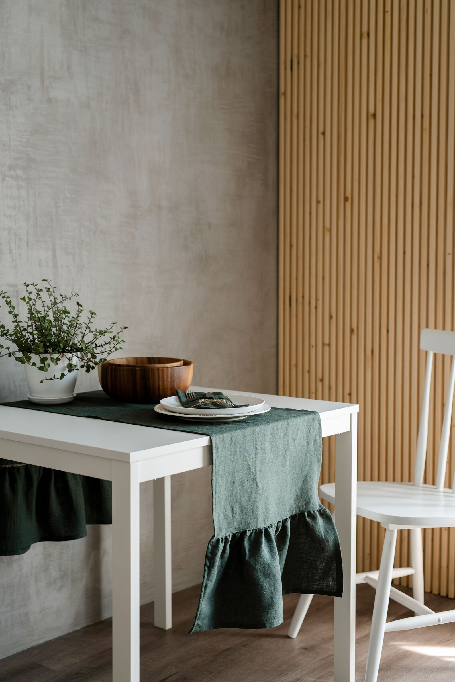 Forest green linen table runner with ruffle. Ruffled linen | Etsy