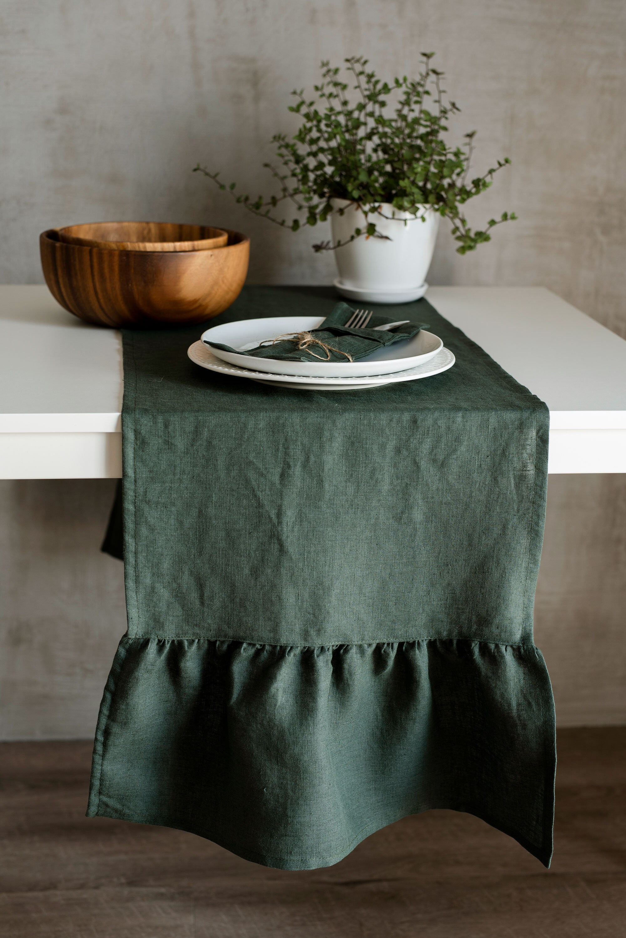 Forest Green Linen Table Runner With Ruffle. Ruffled Linen Table Runner ...