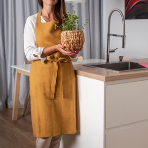 Mustard Yellow Linen Apron. Classic Kitchen Apron With Two Front ...