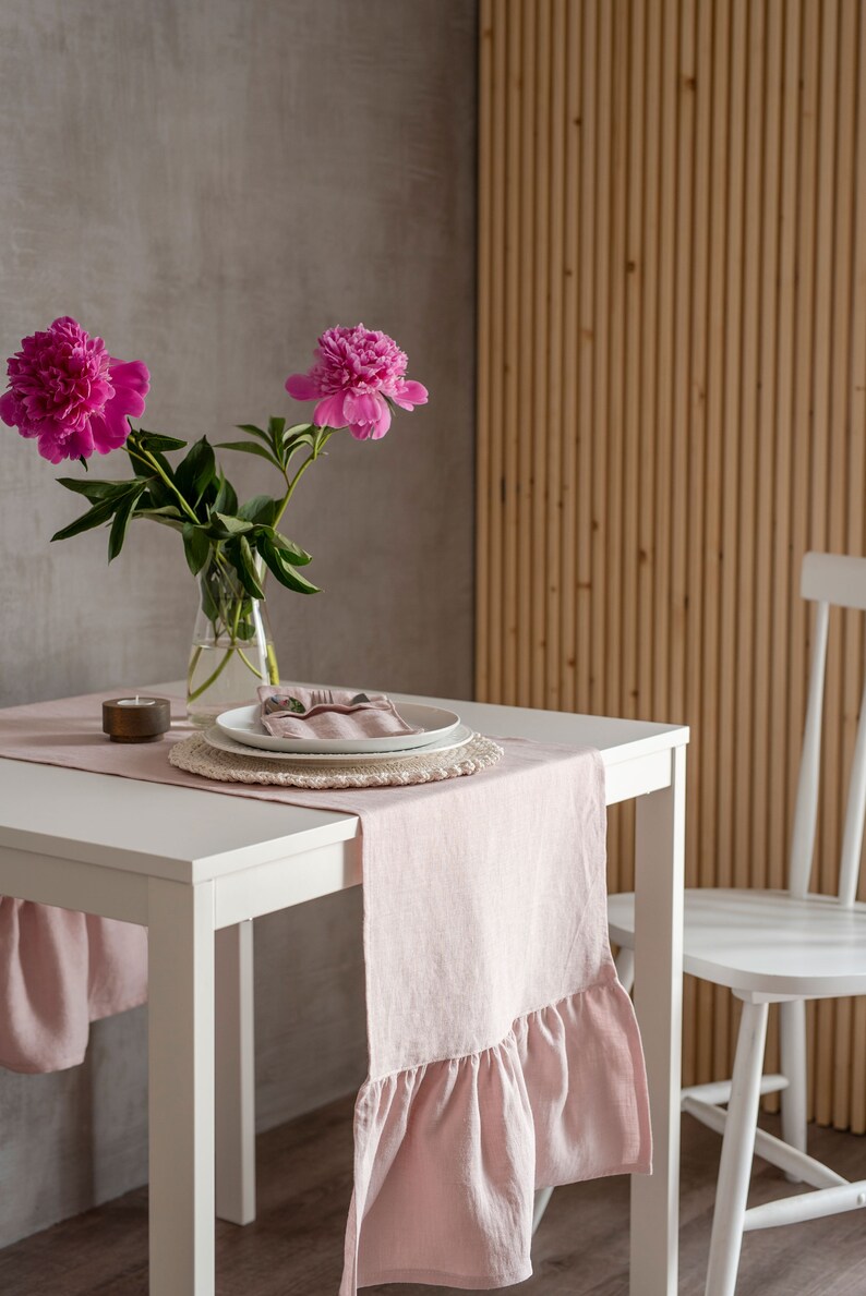 Blush Pink Linen Table Runner With Ruffle. Ruffled Linen Table - Etsy