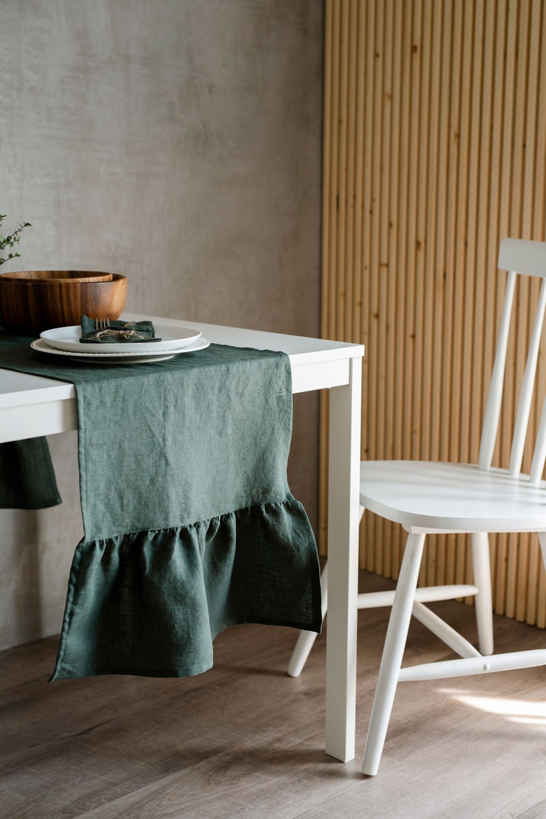 Forest Green Linen Table Runner With Ruffle. Ruffled Linen | Etsy