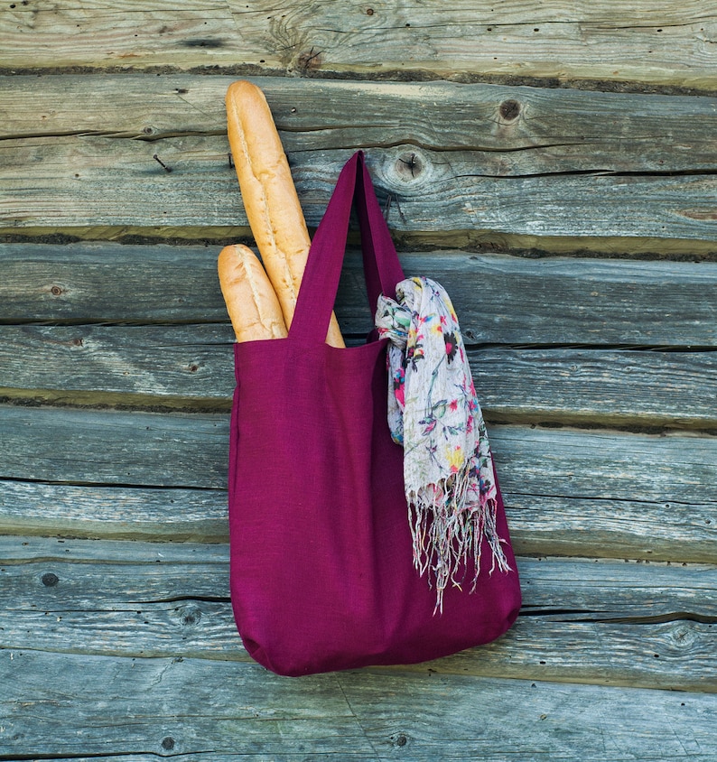 Big Linen Shopping Bag. Burgundy Linen Shoulder Bag. Reusable Market ...