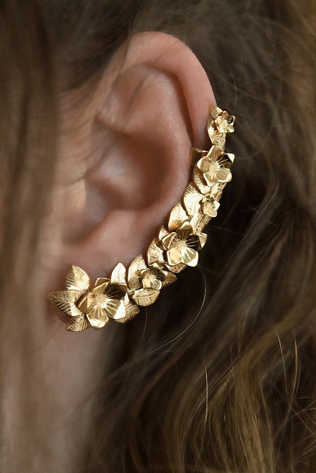 Unique Flower and Leaf Ear Cuff - Etsy UK