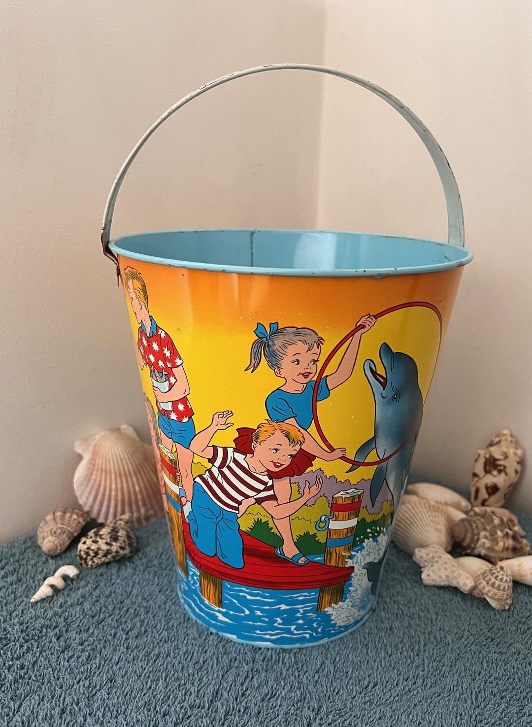 Vintage Sand Pail With Kids and Dolphins Tin Litho Ohio Art Sand Bucket ...