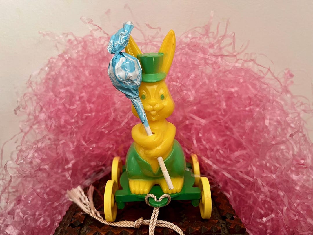 Vintage E. Rosen Bunny Candy Container on Wheels! Easter Bunny Pull Toy ...
