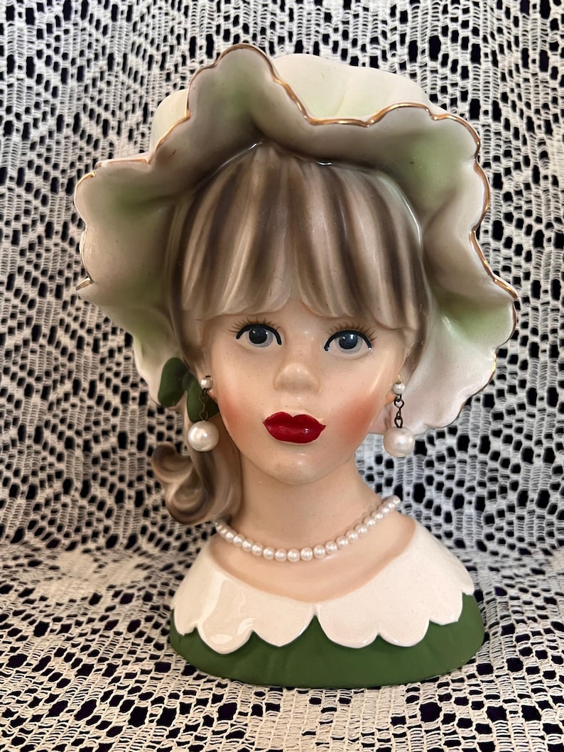 Vintage Relpo Lady Head Vase W/crinkly Hat Large (over 7 1/2inches Tall ...