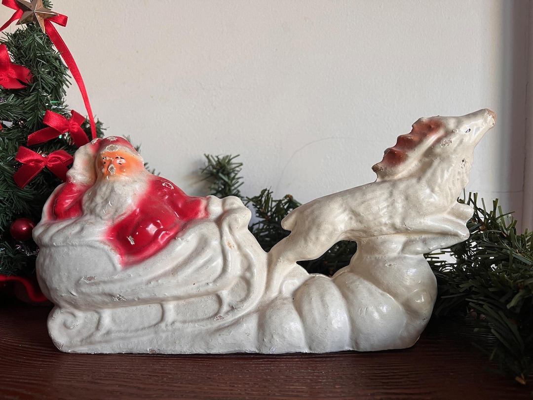 Antique Paper Mache Santa in His Sleigh With Reindeer Vintage Pulp ...