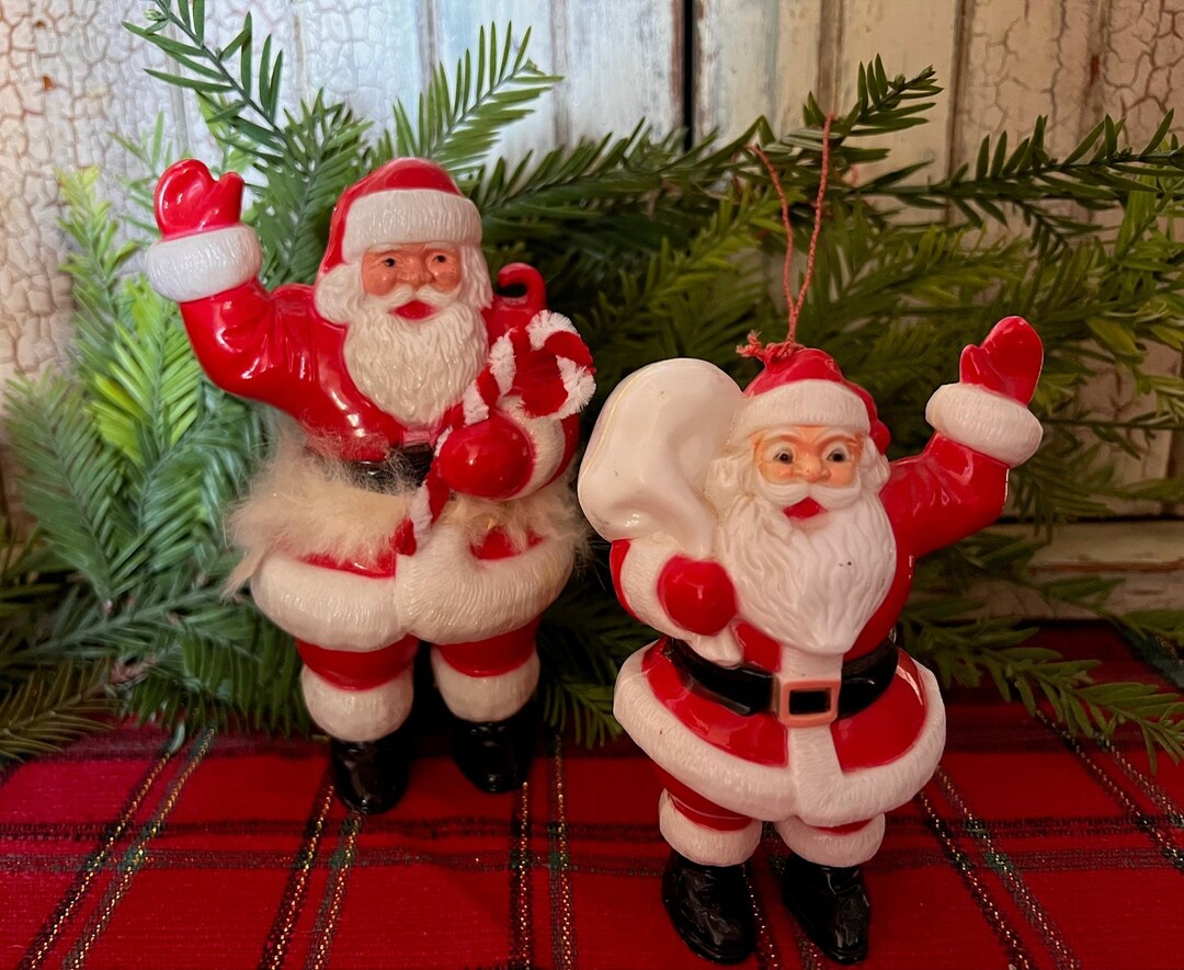 Two Vintage Hard Plastic Waving Santas Two Santa Claus Ornaments 1950s ...