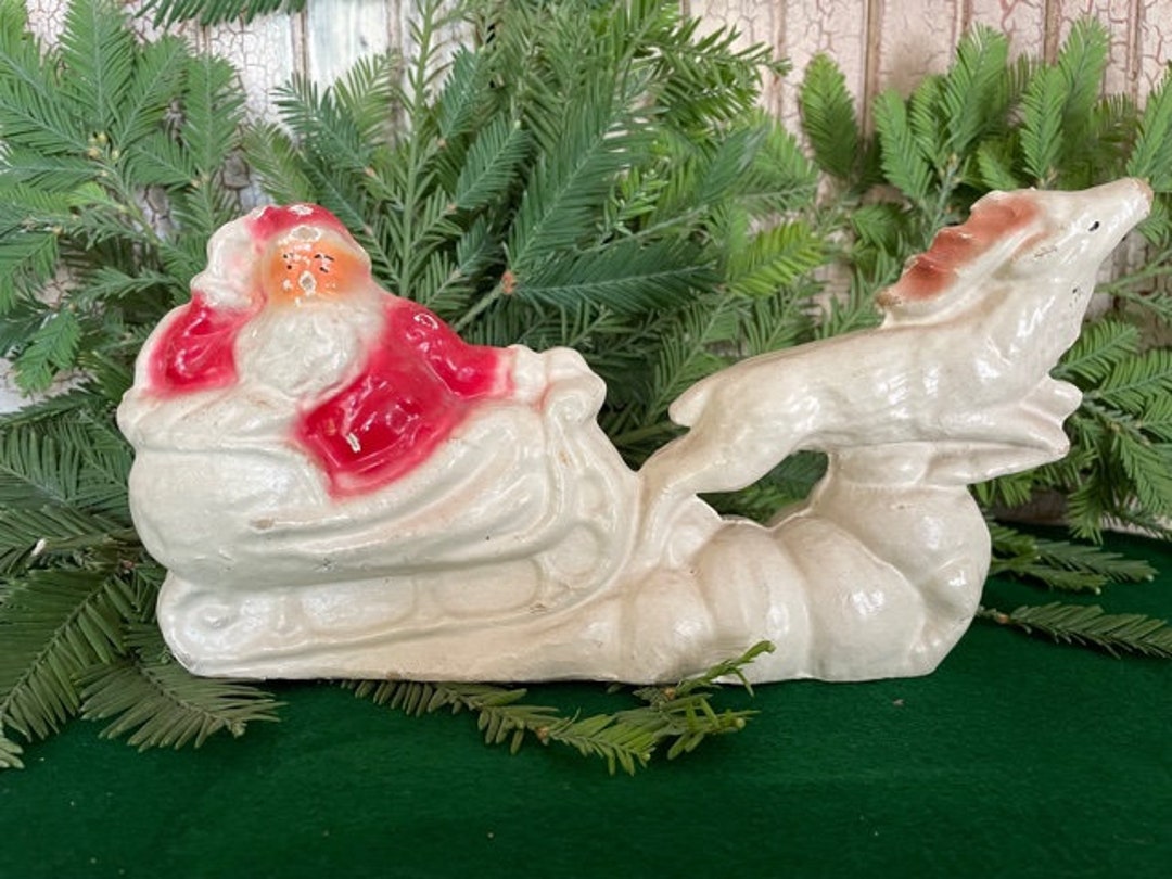 Antique Paper Mache Santa in His Sleigh With Reindeer Vintage Pulp ...