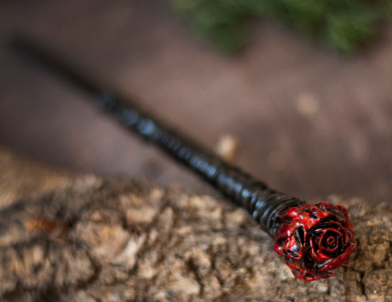 Red Rose Wand, Magic Wand With a Rose, Glossy Black Magic Wand, Geek ...