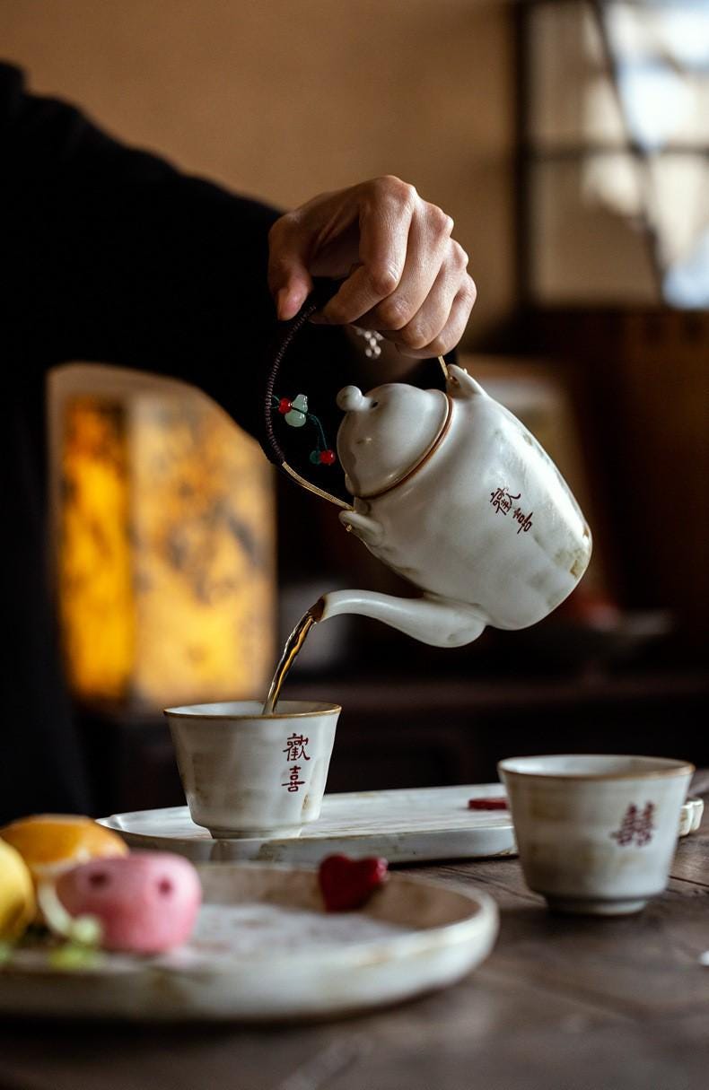 Handmade Porcelain Tea Set: Double Happiness Calligraphy, Chinese ...