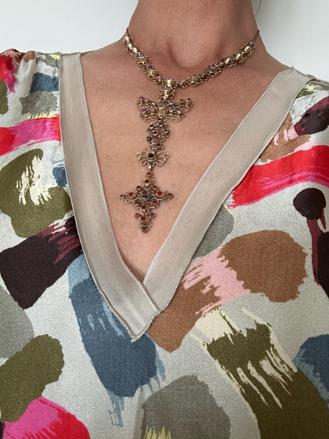 Antique Sicilian Baroque Gold Cross Pendant Necklace, Ruby Garnet - Etsy