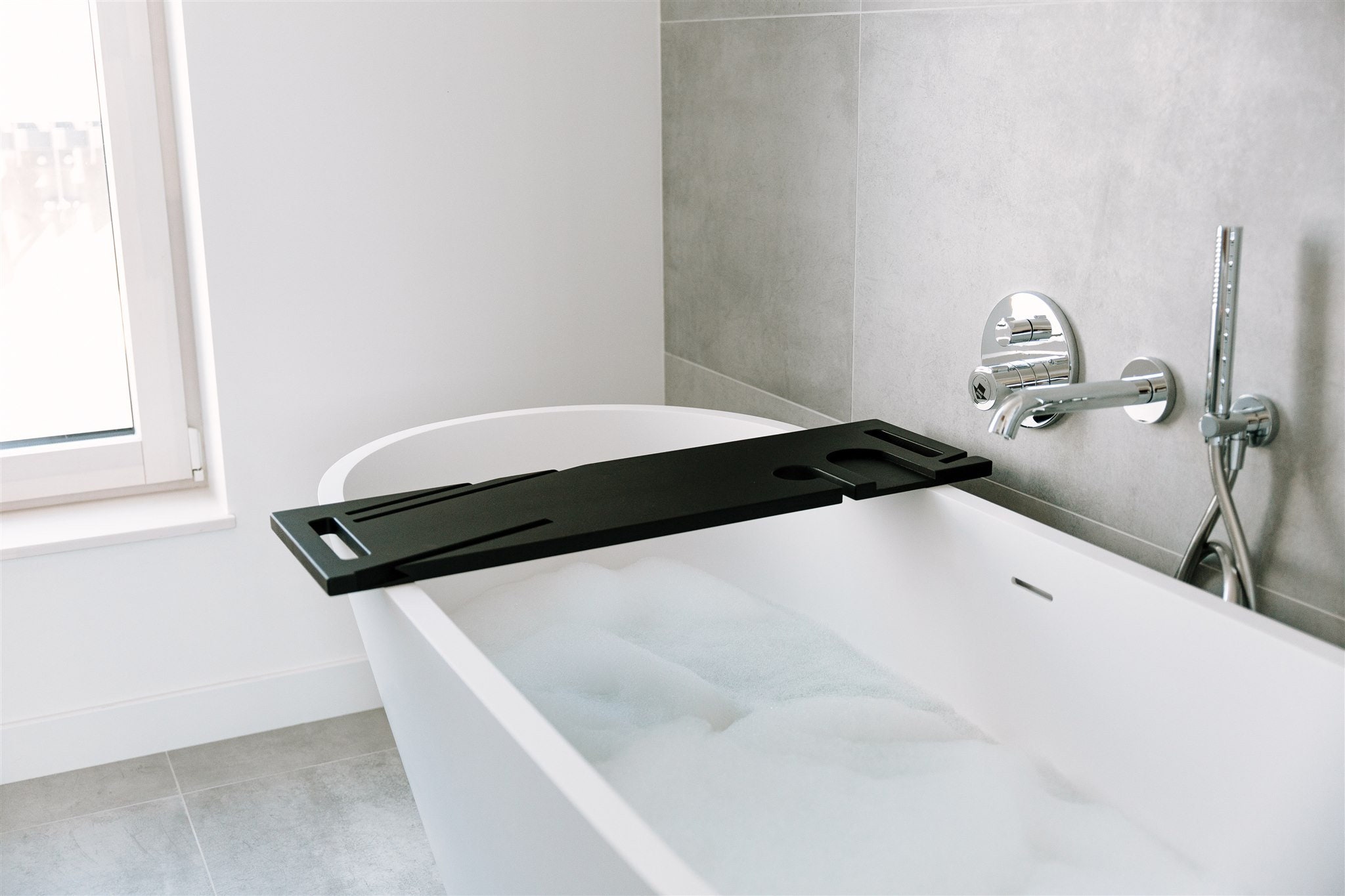 Scandinavian Wooden Bath Caddy Black, Bathtub Tray With Wine Holder ...