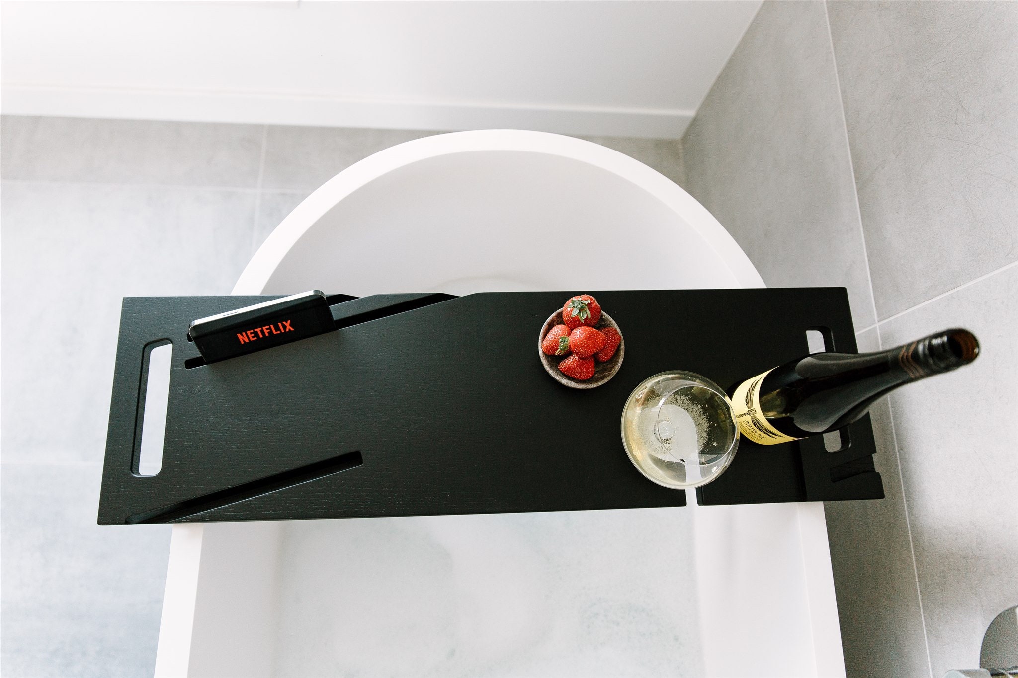 Scandinavian Wooden Bath Caddy Black, Bathtub Tray With Wine Holder ...