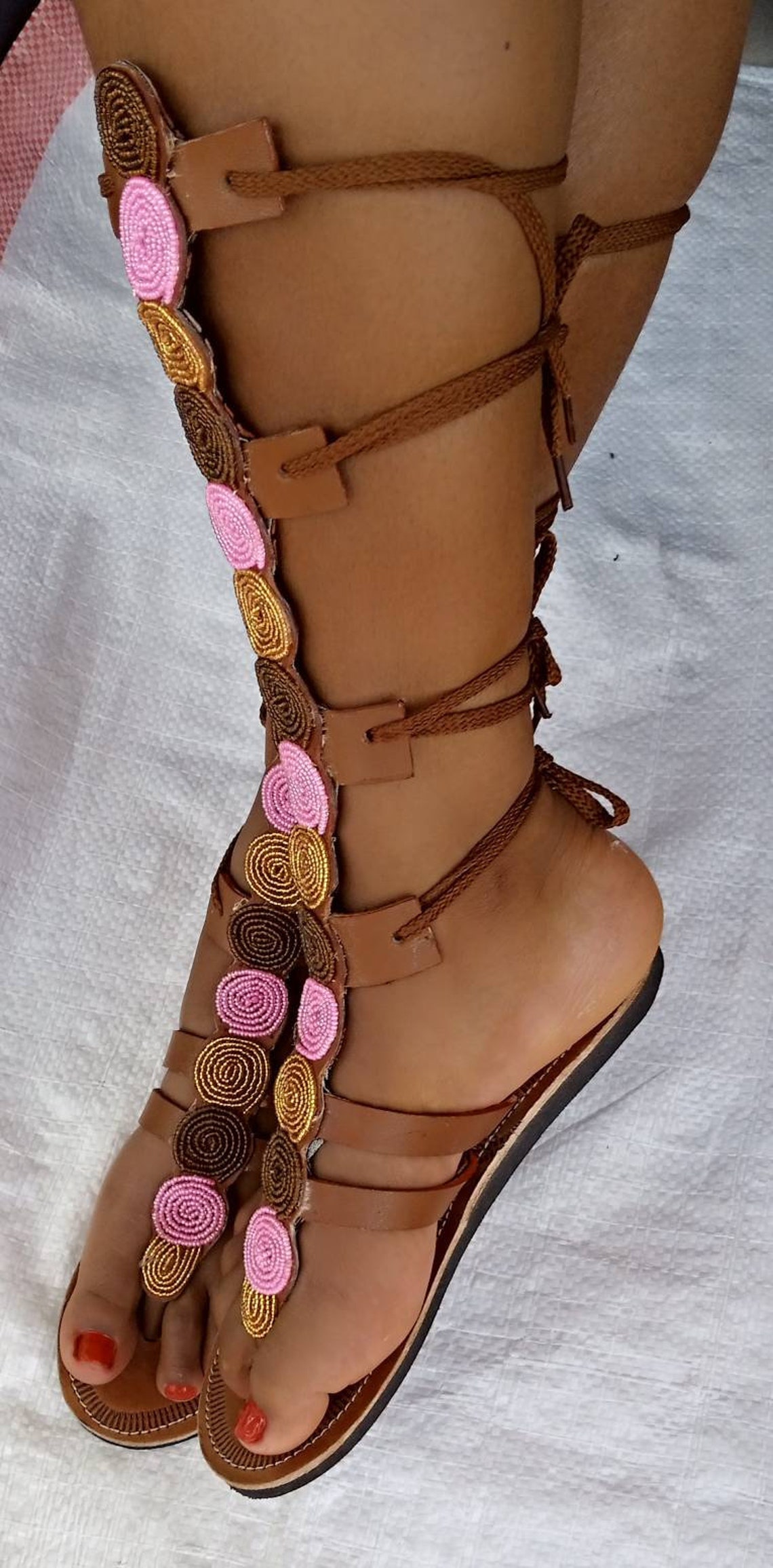 ON SALE Long Gladiator Sandals Women Beaded Gladiators - Etsy