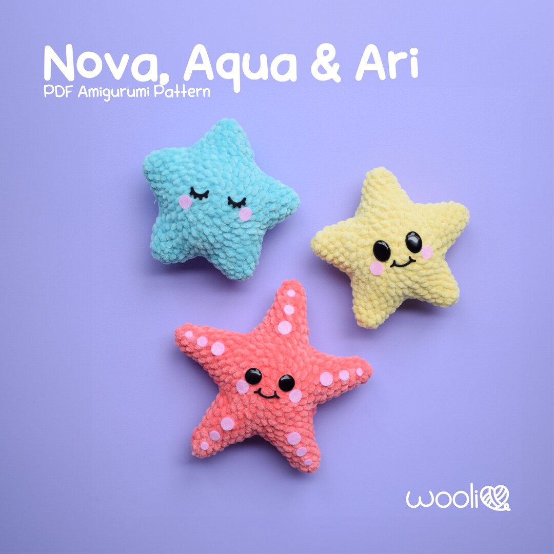 Nova, Aqua & Ari PDF Amigurumi Pattern English and Spanish Star, Starfish and Baby Star Low Sew ...