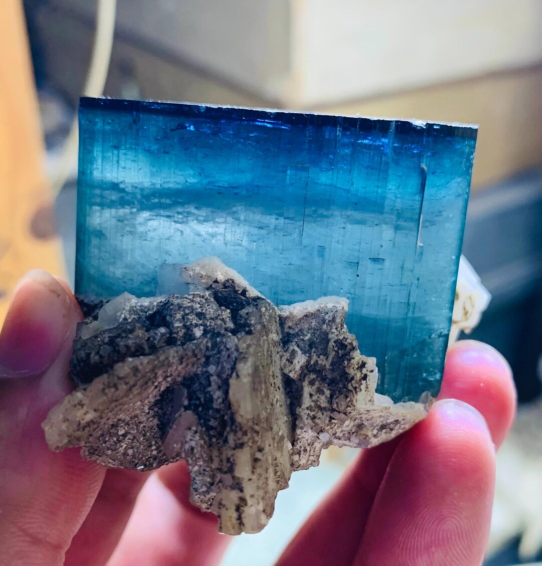 130 Grams Aesthetic Specimen of Indicolite Tourmaline Crystal on Smoky ...
