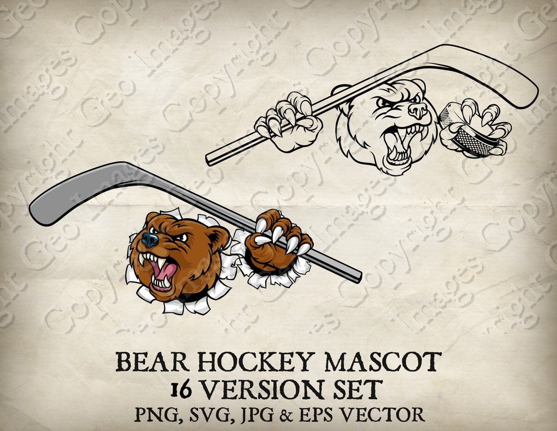 Bear Grizzly Hockey Mascot Bears Logo Cartoon. 16 Versions. Holding Ice ...